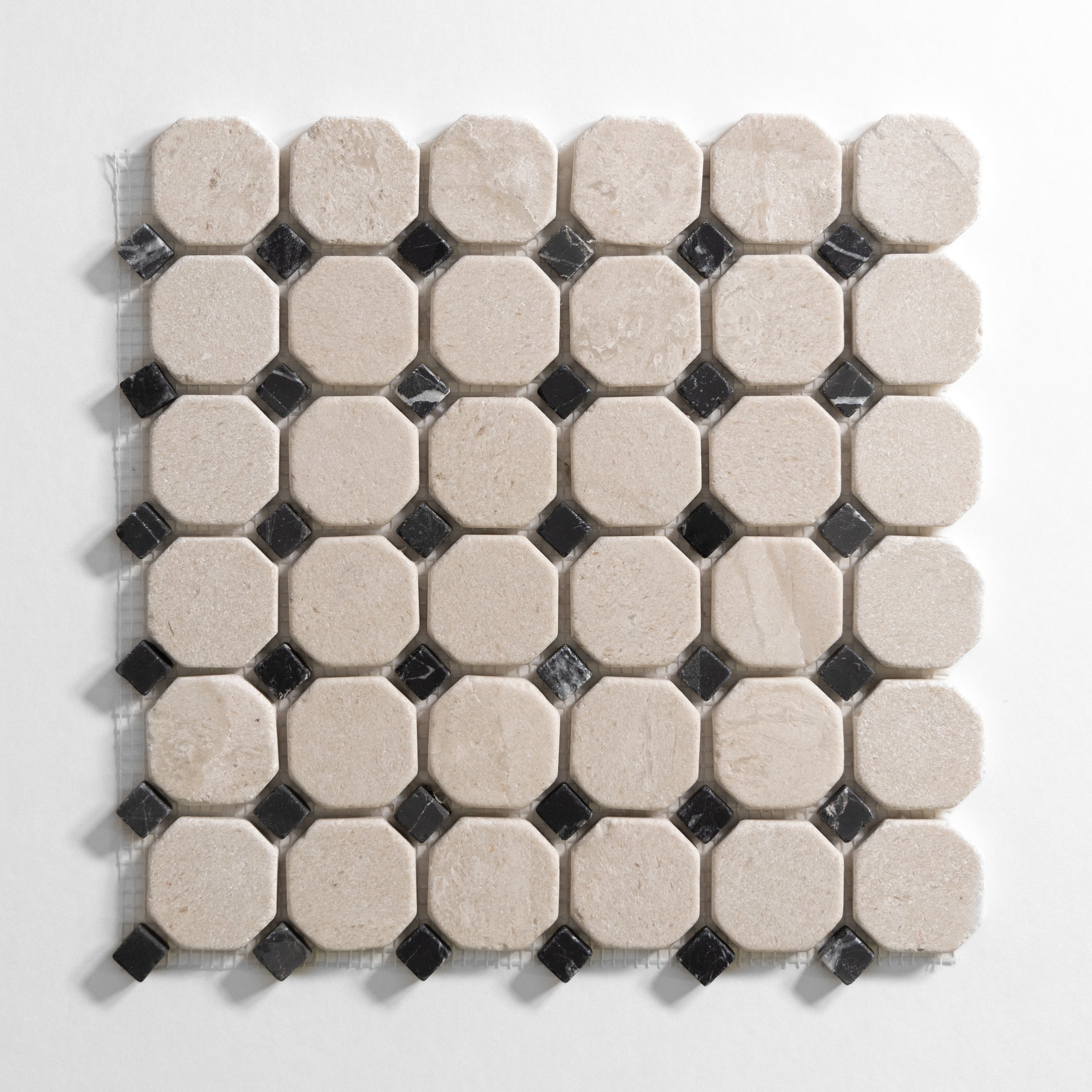 Sierra Limestone / Nero Octagon Tumbled mosaic | Cream Mosaic Tile USA